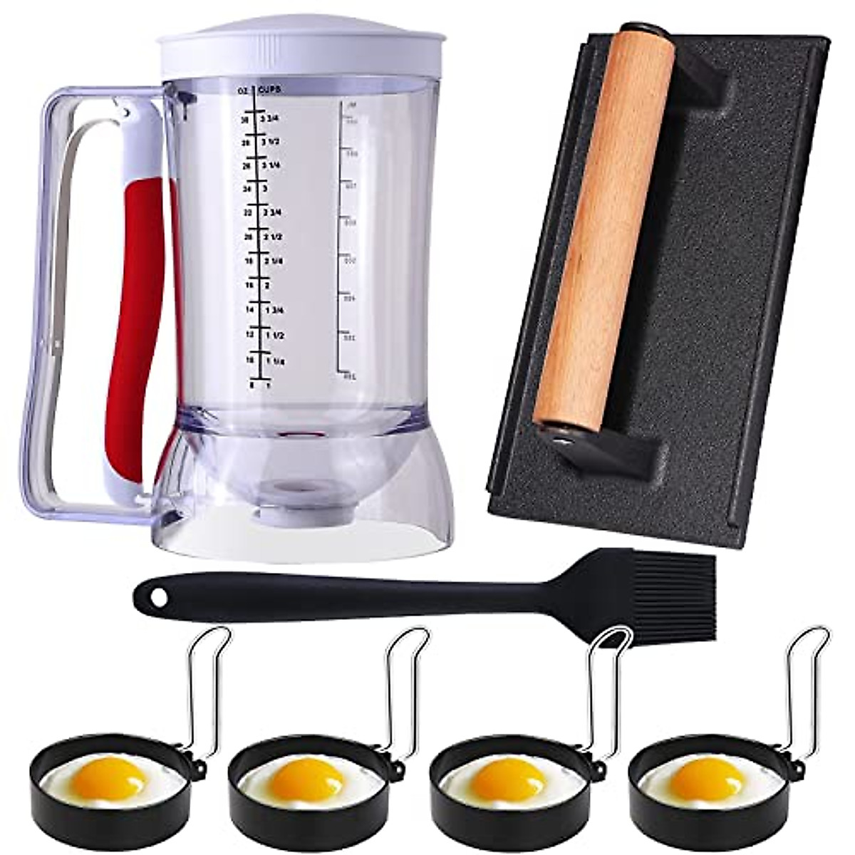 7 Piece Griddle Breakfast Kit for Blackstone, Griddle Accessories Set - Included Pancake Batter Dispenser, Bacon Press, Egg Rings, Basting Brush