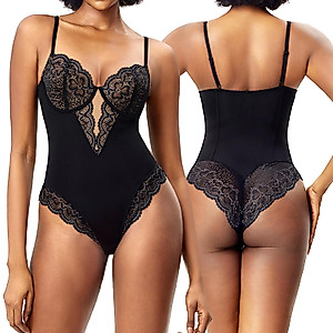 Slimers Women Lace Bodysuit Shapewear for Women Tummy Control Sexy Backless V Neck Thong Bodysuit Built in Bra