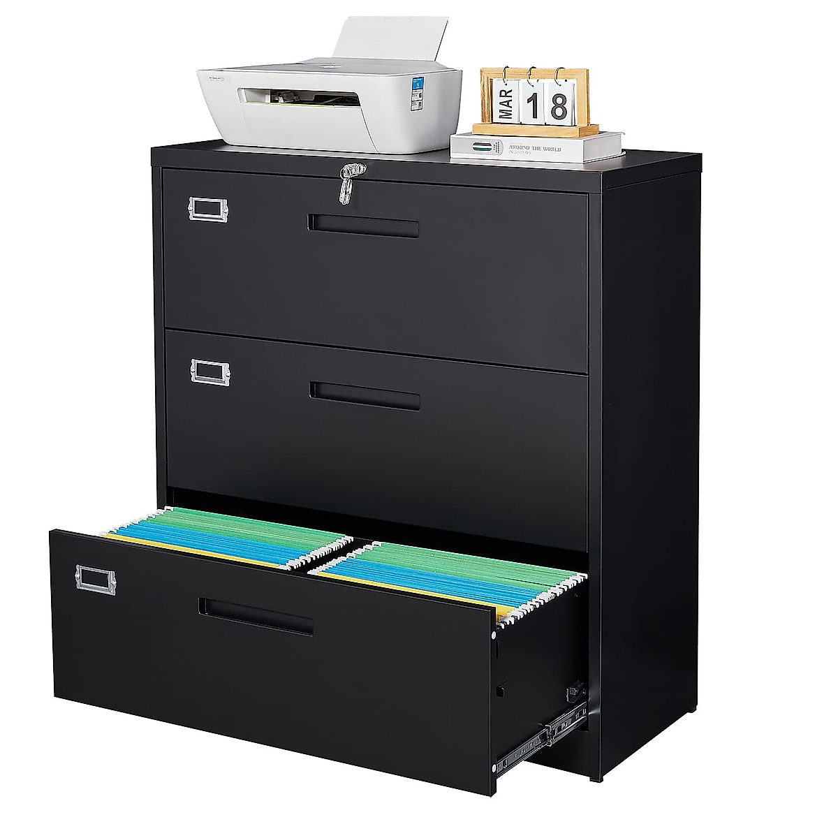 LISSIMO 3 Drawer Metal File Cabinet with Lock，Under Desk Office Storage Filing Cabinet for Legal/Letter/A4 File, Hanging File Folders(Black)
