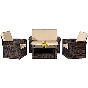 FDW 4 Pieces Patio Sectional Sofa Rattan Chair Outdoor Backyard Porch Poolside Balcony Garden Furniture with Coffee Table, Brown