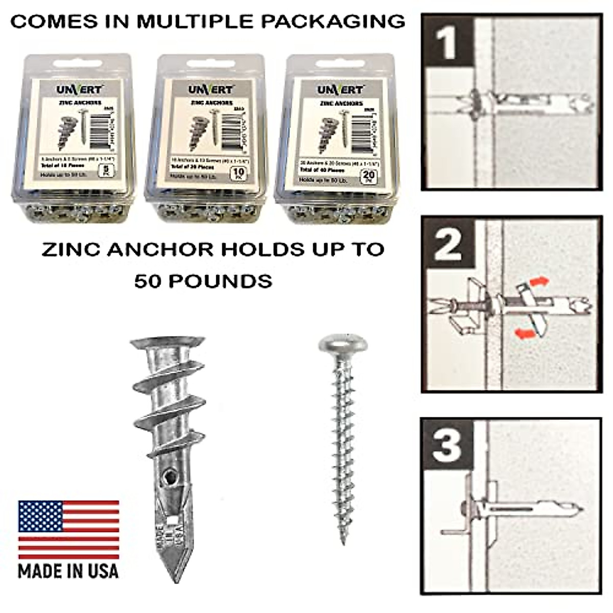 Unvert Metal Zinc E-z Anchors with Screws Kit, Heavy Duty Zinc Self Drilling Anchors with Fitting Phillip Screws #8 x 1-1/4” – Holds up to 50 LB. (10)