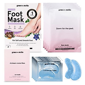 Grace & Stella Under Eye Mask (24 pairs, Blue) + Foot Peel Mask (4 Pairs, Unscented)