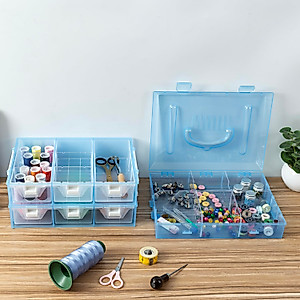 MyGift 11 Inch Sky Blue Transparent Arts and Crafts Sewing Supplies Storage Organizer Case with White Accents, 24 Customizable Compartments, 6 Drawers Removable Dividers