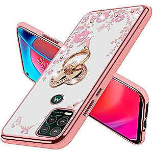 for Moto G Stylus 5G Case for Women, Motorola G Stylus 5G Case Glitter Crystal Butterfly Heart Floral Slim TPU Luxury Bling Cute Protective Cover with Kickstand+Strap for Moto G Stylus 5G-Rose Gold