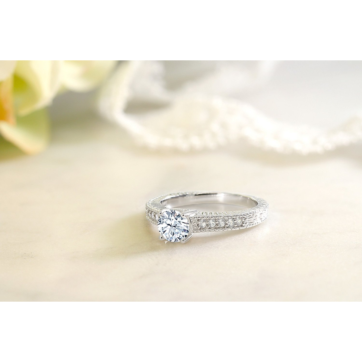 Gem Stone King 925 Sterling Silver White Created Sapphire Women's Engagement Ring (1.35 Cttw Round Cut, Available in size 5, 6, 7, 8, 9)