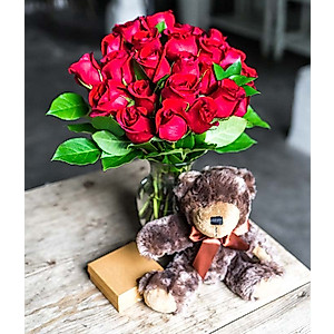 DELIVERY BY FRIDAY, 8/2 GUARANTEED IF ORDER PLACED BY 8/1 BEFORE 2PM EST From You Flowers - Two Dozen Long Stemmed Red Roses with Chocolates & Bear with Glass Vase (Fresh Flowers) Birthday,