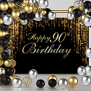 Happy 90th Birthday Party Decorations Backdrop, Black Gold Glitter Bokeh Dots Birthday Party Photo Background Cake Table Banner Extra Large Wall Decor Props Party Decorations Supplies (73'' x 50'')