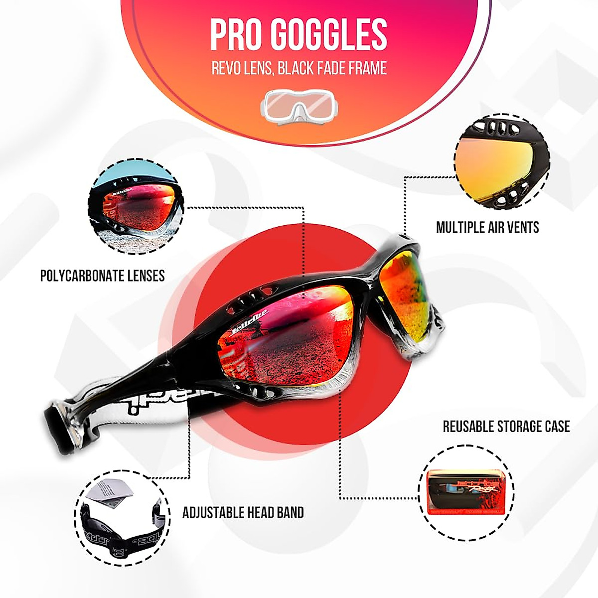Jettribe Pro Jet Ski Goggles - Revo Lens, Black Fade Frame, PWC Watercraft, Jetski Racer Sunglasses - Racing Goggles With Protective Storage Case - Easy Fit Sport Glasses for Ultimate Water Adventure