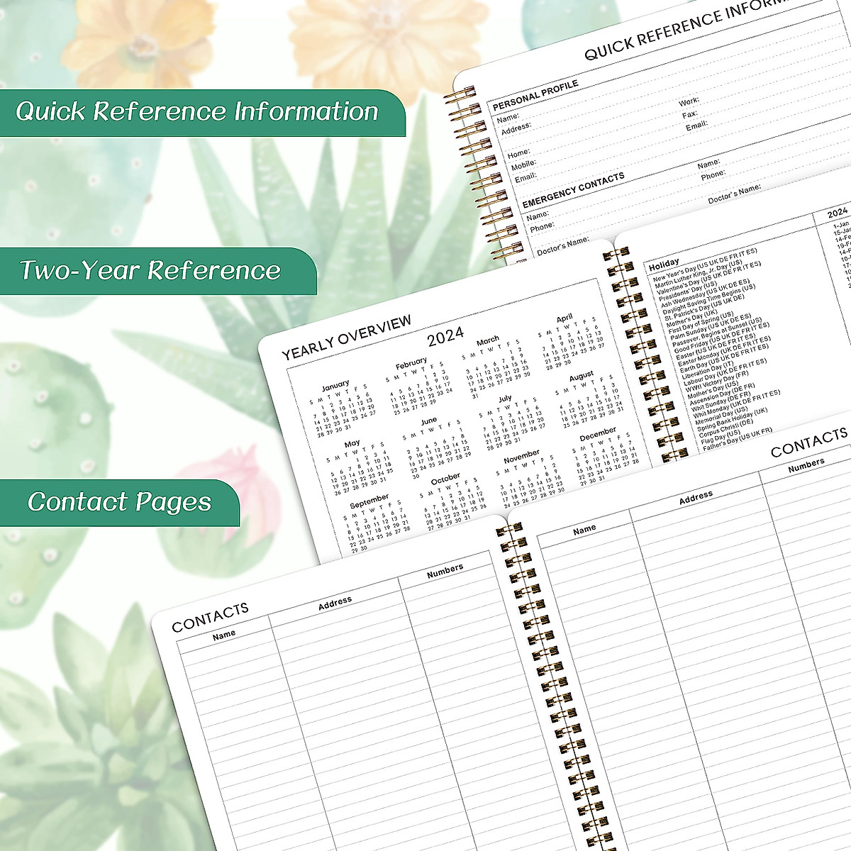 2024 Planner - Planner/Calendar 2024, Jan. 2024 - Dec. 2024, 2024 Planner Weekly and Monthly with Printed Tabs, 8" x 10", Flexible Cover with Back Pocket + Thick Paper + Twin-Wire Binding - Succulent