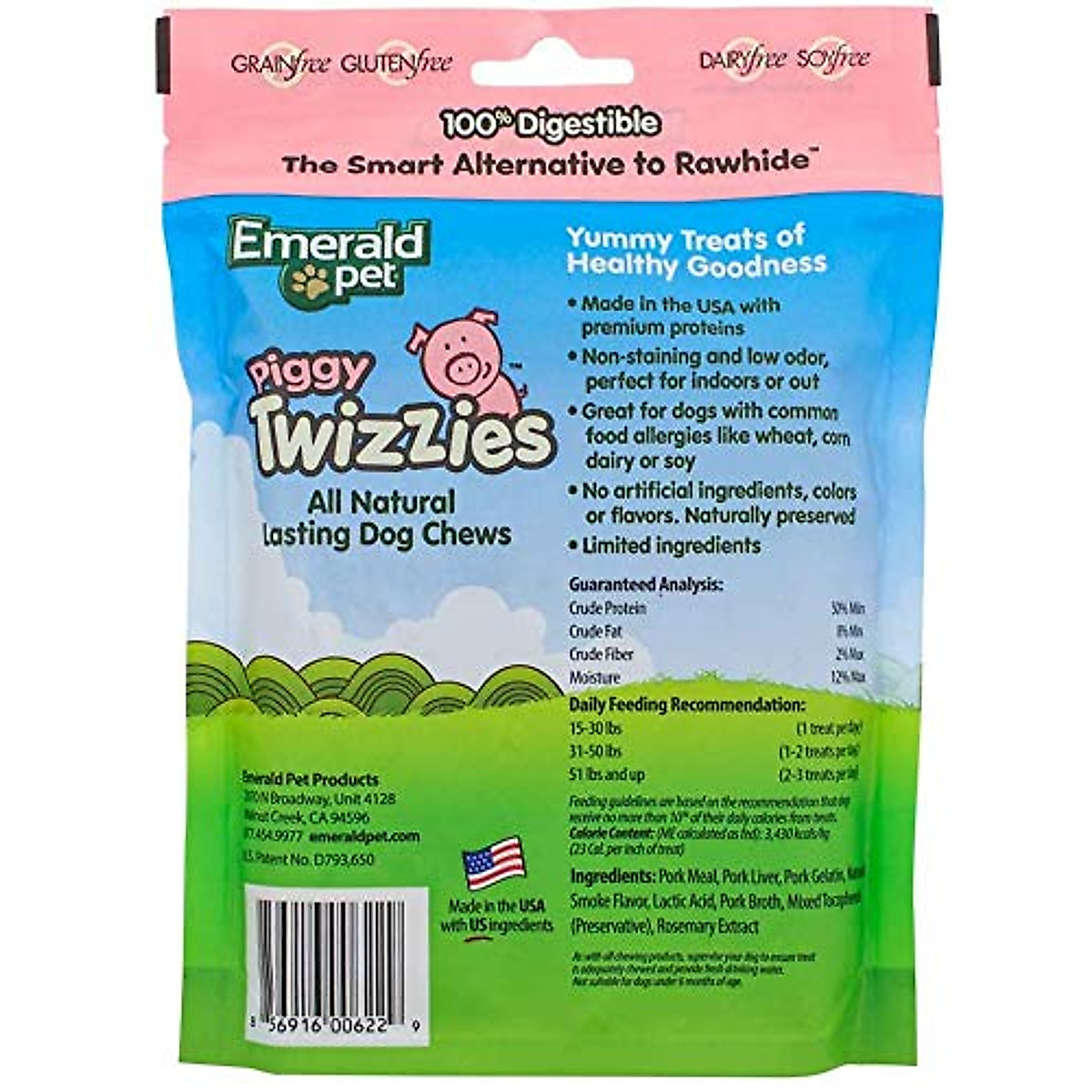 Emerald Pet 3 Bags of Piggy Twizzies, 8 Ounces, Dairy- Soy- Gluten- and Grain-Free Dog Chews3