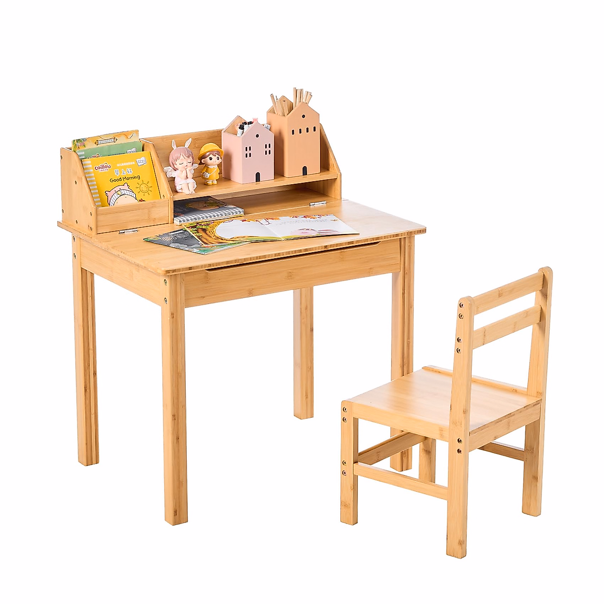 UNICOO® Kid Desk and Chair Set–Bamboo Lift-Top Child Desk with Storage and Hutch, Ideal Kids Desks for Homework, Compact Design for 3-8 Years Old, Small Kids Desk and Chair Set(C007-Nature)