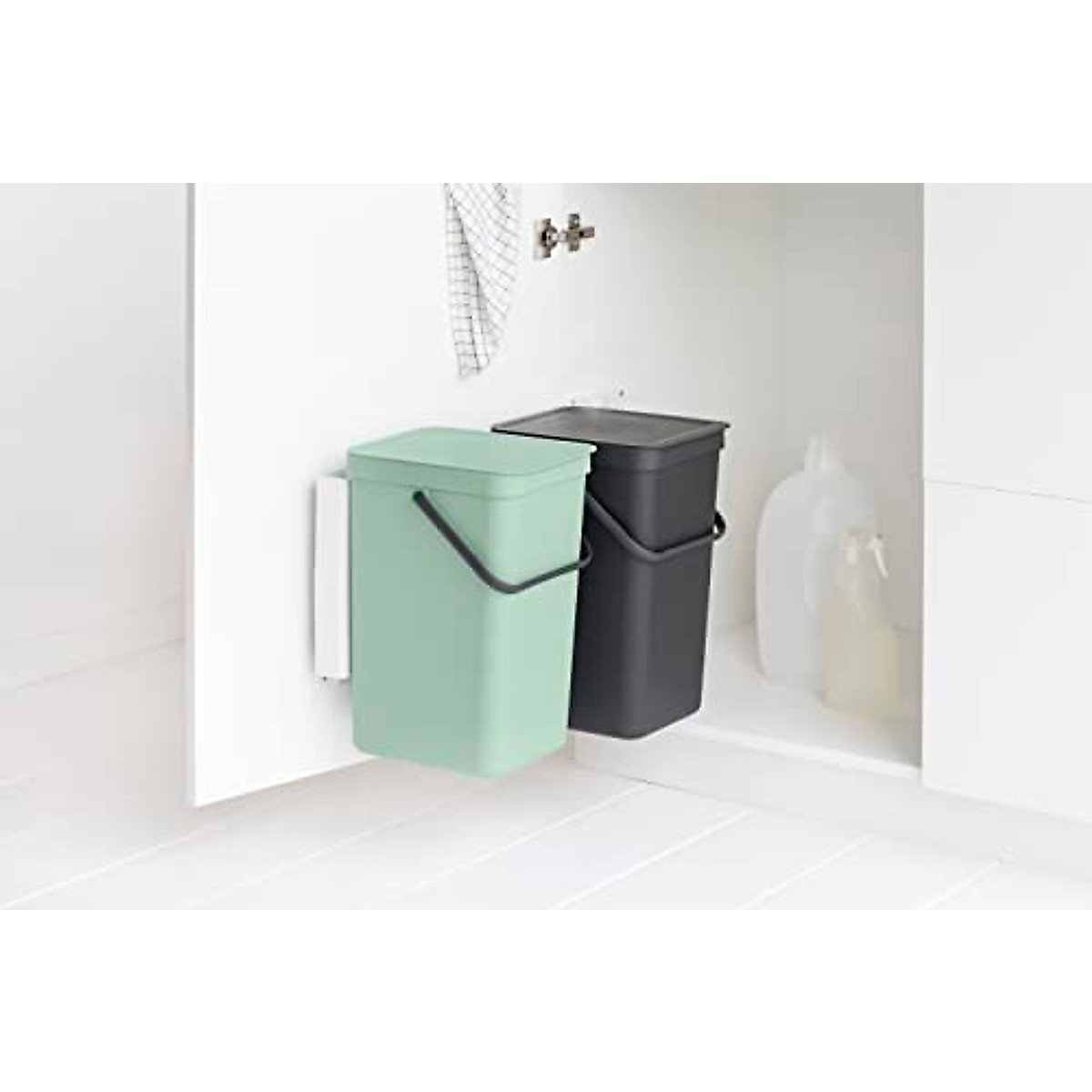 Brabantia Sort & Go Built-in Cupboard Recycling Cans (2 x 4.2 Gal/Dark Gray & Jade Green) Double Door Mounted Trash Organisers with Handles & Removable Lids