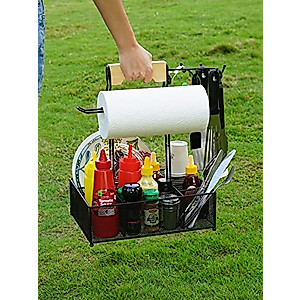 Large Grill Utensil Caddy, HYKTON Picnic Camping BBQ Organizer for Camping Outdoor Mesh Basket with 5 Hanging Hooks and Paper Towel Holder, Ideal Table Storage Tools for RV Camper/Tailgating/Flatware