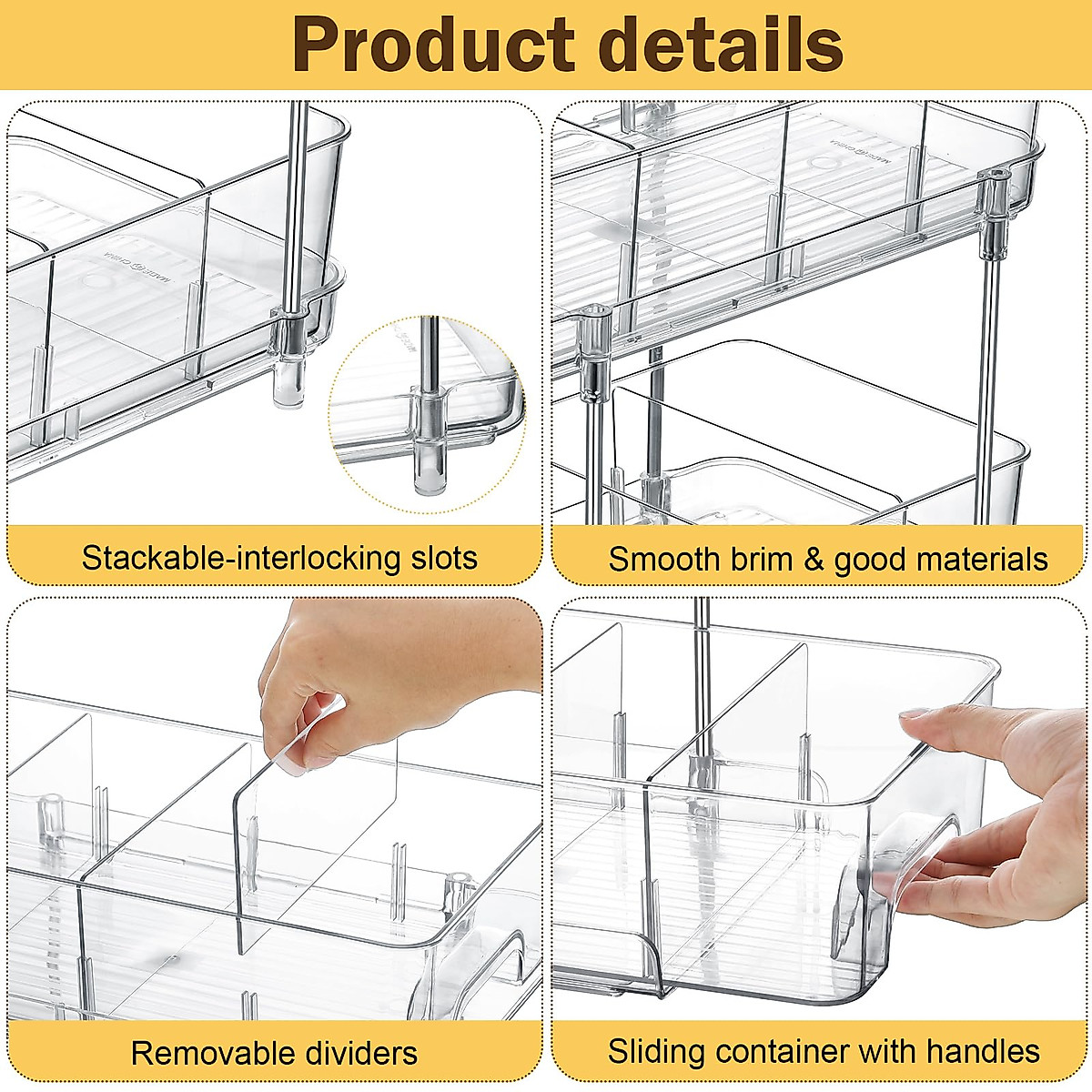 Leinuosen 4 Pcs 2 Tier Pull out Bathroom Organizers Storage with 4 Dividers, Clear Kitchen Under Sink Organization Slide out Cabinet Drawer Closet for Pantry, Vanity Counter, Counter, Medicine Bin