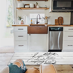 Kitchen Runner Rug, Life is Better When You are Camping Camper Rustic Old Wooden Non Slip Runner Carpet Door Mats Floor Mat for Laundry Bedside Bathroom Bedroom 18"X47.2"