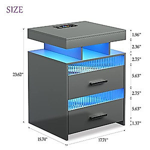 Dystler Nightstand with Charging Station and LED Lights All In One Night Stand with Drawers Bedside Table with USB Port & Outlets and Human Sensor Design Modern End Table for Bedroom Livingroom Office