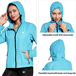FitsT4 Sports Women's Cycling Running Jackets Lightweight Windproof Bike Windbreaker Reflective with Hood Light Blue Size XL