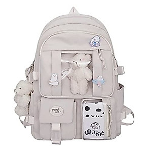 CHERSE Kawaii School Backpack for Teen Girls Back to School Aesthetic Cute Adorable Lovely with Kawaii Pin and Cute Accessory (White)