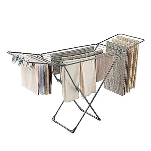 SONGMICS Clothes Drying Rack, Metal Laundry Drying Rack, Foldable, Space-Saving, Free-Standing Airer, with Gullwings, Indoor Outdoor Use, Bed Linen Clothing, Gray ULLR540G01