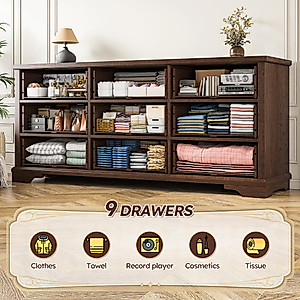 EnHomee 9 Drawers Dresser, 63" W Farmhouse Dressers for Bedroom Dressers with 9 Drawers, Solid Wood Dresser TV Stand with Large Metal Handle, Modern Wood Drawer Organizer for Closet (Rsutic Brown)