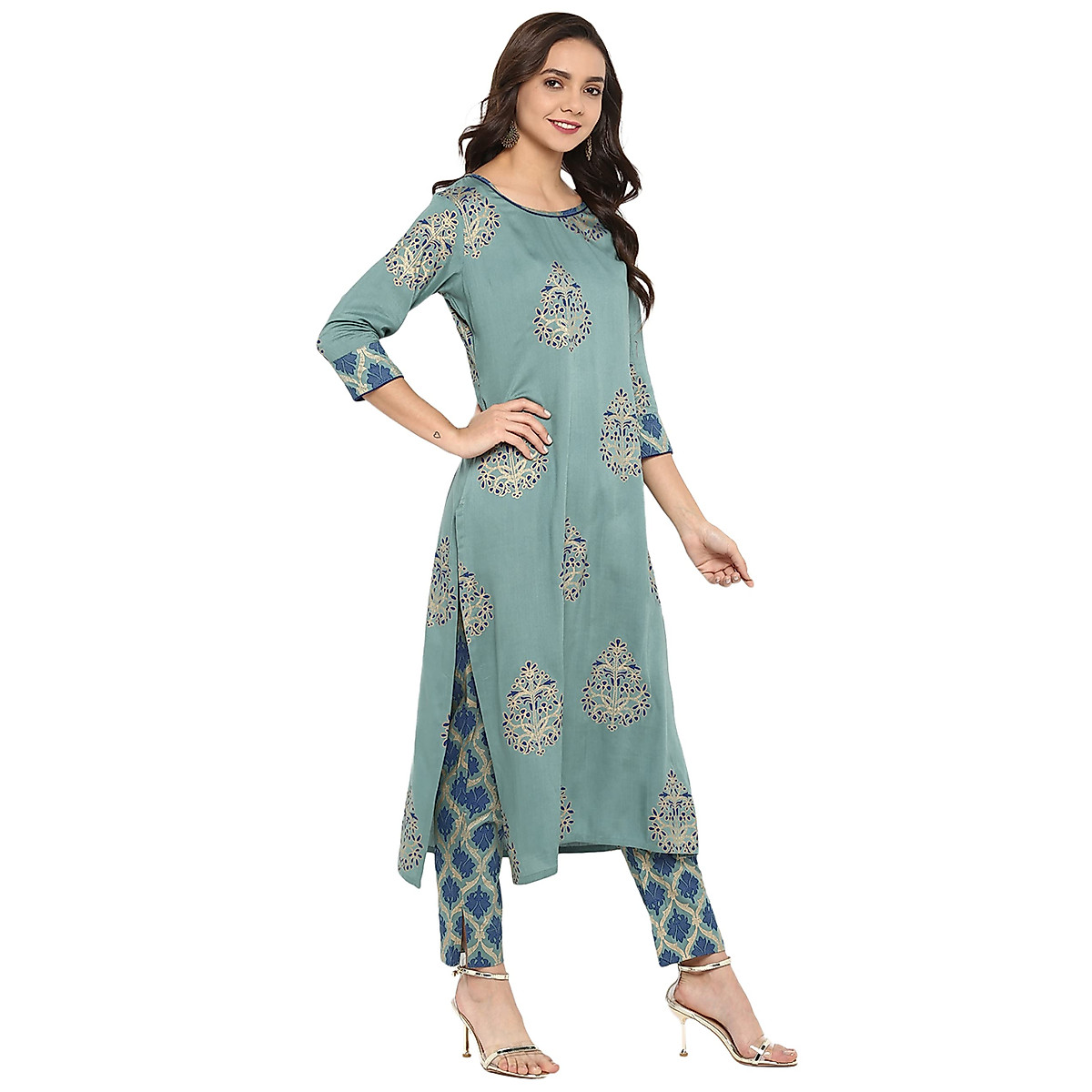 Janasya Indian Women's Tunic Tops Rayon Kurti Set for Women(SET094-KR-NP-S) Turquoise