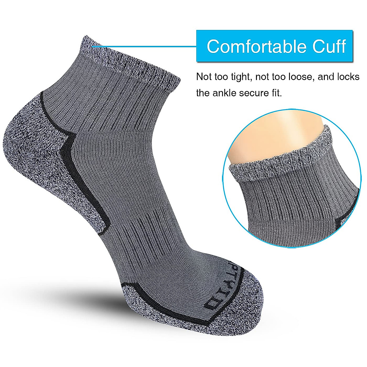 APTYID Men's Moisture Wicking Athletic Ankle Socks, Size 9-12, Carbon Grey, 6 Pairs
