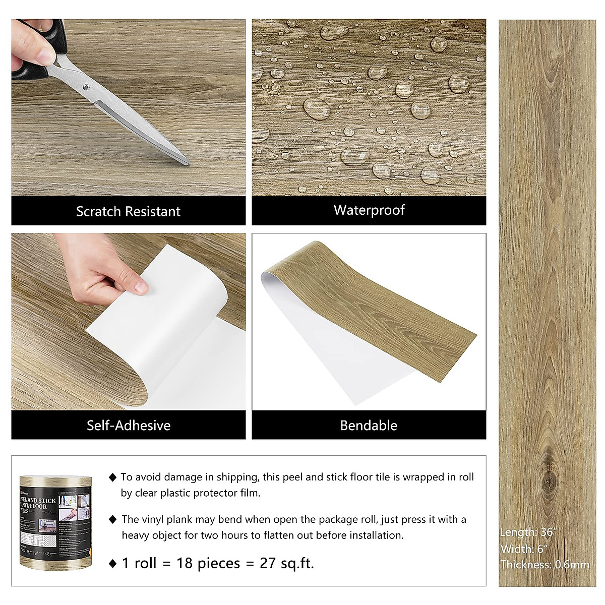 LaCheery 6"x36" 18 Tiles Oak Wood Peel and Stick Floor Tile Bathroom Floor Tiles Peel and Stick Waterproof Vinyl Plank Flooring Sticky Vinyl Floor Tiles for Home Kitchen Bedroom RV Flooring Laminate