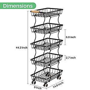 5 Tier Fruit Basket for Kitchen, Stackable Fruit and Vegetable Wire Basket with Wheels for Banana Onions and Potatoes Storage and Organization, Black