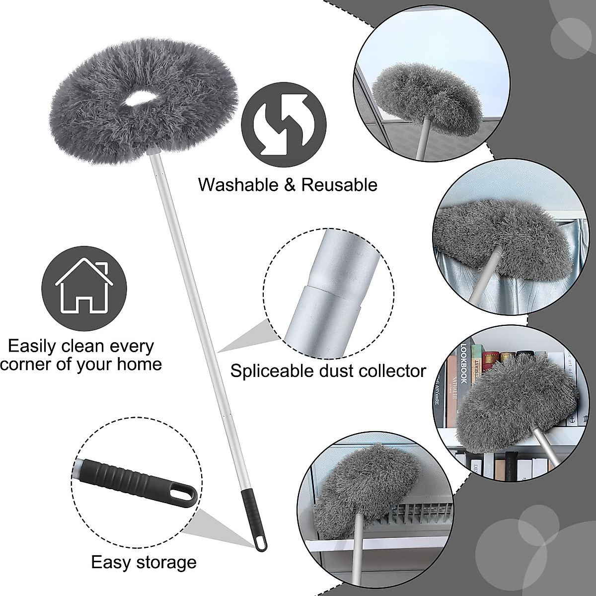 Hoolerry Ceiling Fan Cleaner Duster Reusable Microfiber Blade Cleaning Tool with Extension Pole Washable Extendable 13 to 49.7 Inch for Cleaning High Ceiling Cobweb Furniture Window Top(Gray)