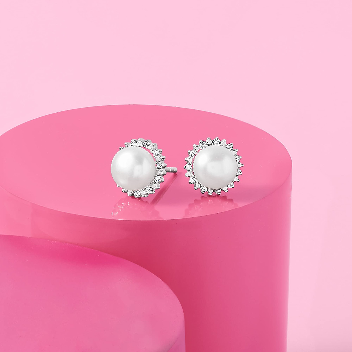 Ross-Simons 7-7.5mm Cultured Button Pearl and .13 ct. t.w. Diamond Stud Earrings in Sterling Silver