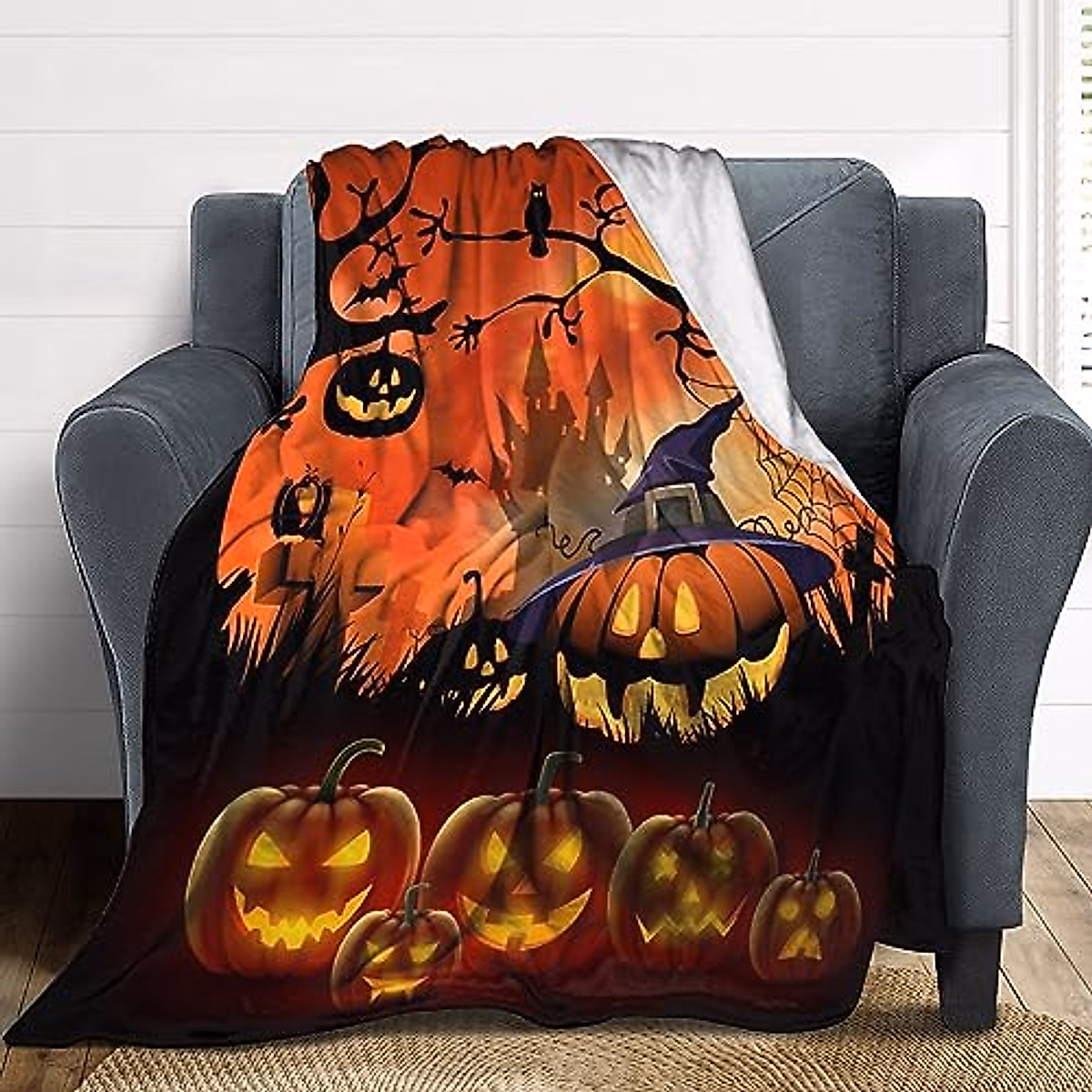 Cartoon Halloween Night Blankets for Couch and Bed Horror Forest Castle Throws Blankets Soft Cozy Lightweight Decorative Warm Blanket for Womens Mens Gift 40"x50"