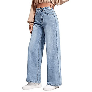SweatyRocks Women's Casual High Waisted Distressed Ripped Jeans Wide Leg Denim Pants Light Blue S