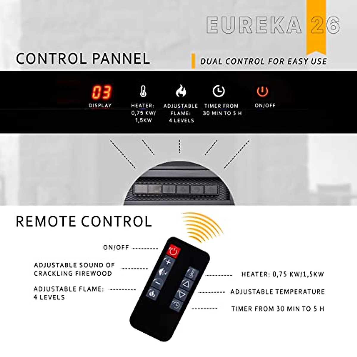 FIREBLAZE Electric Fireplace Eureka 26 inch - Curved Front Glass LED Fireplace Insert with Remote Control - Adjustable Heating, Sound, Brightness, Timer - 2-Way Recessed Installation - Heats 400 sq ft