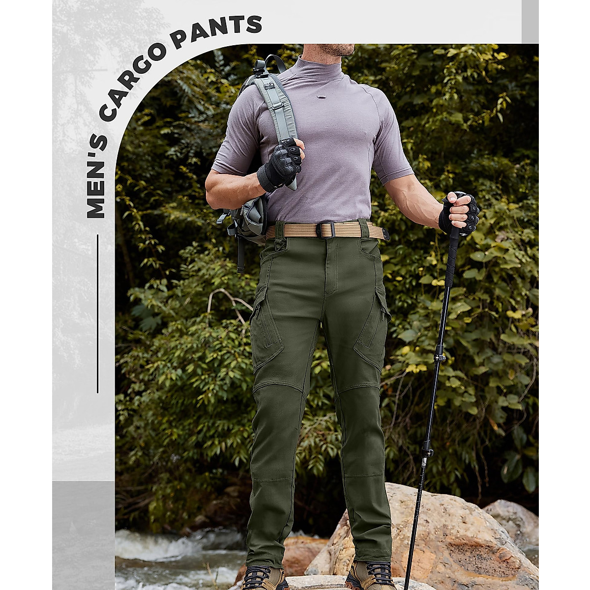 Susclude Men's Tactical Pants Stretch, 9 Pockets Rip Stop Lightweight Cargo Work Military Trousers Outdoor Hiking Pants Gray Green 28Wx28L