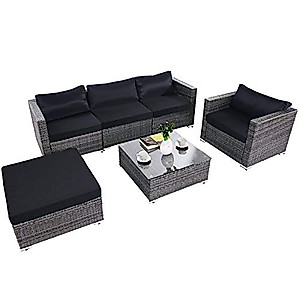 Tangkula Patio Furniture Set 6 Piece Outdoor Lawn Backyard Poolside All Weather PE Wicker Rattan Steel Frame Sectional Cushioned Seat Sofa Conversation Set (Gradient Gray with Black Cushion Cover)