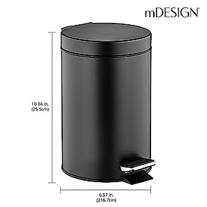 mDesign Small Modern 3-Liter / .7 Gallon Round Metal Lidded Step Trash Can, Compact Garbage Bin with Removable Liner Bucket and Handle for Bathroom, Kitchen, Craft Room, Office, Garage - Black