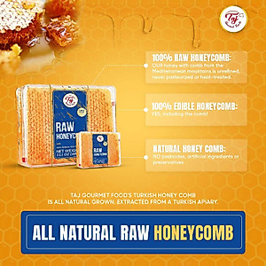 Taj Gourmet All Natural Raw Honeycomb 100% Honey Pure Turkish Raw Honey Comb -100% All Natural Edible Honey Combs Raw Edible - Perfect For Healthy Smoothies Honey With Honeycomb, 200g (7.05oz)