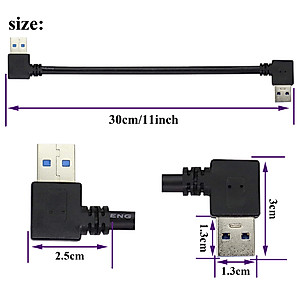 AAOTOKK 90 Degree USB 3.0 A Extension Cable Left & Right Angle USB 3.0 Type A Male to Male Charging and Data Transfer Cable for Hard Drive,Printers,Cameras,Mouse,Laptop Cooler(0.3M/1ft-Black)