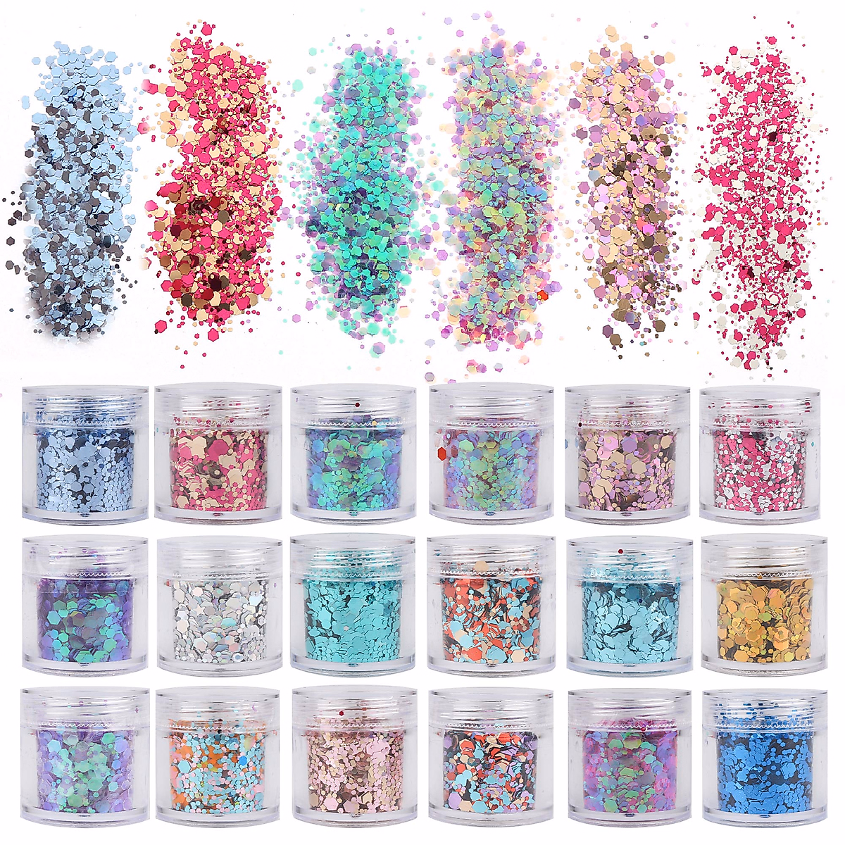 18 Boxes Holographic Cosmetic Festival Chunky Glitters Sequins, Nail Sequins Iridescent Flakes, Cosmetic Paillette Ultra-Thin Tips, for Body Face Hair Make Up Nail Art Mixed Color Glitter
