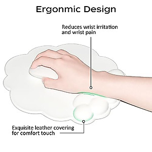 JIKIOU Mouse Pad Wrist Support with Leather Surface,Cloud Wrist Rest Mousepad with Memory Foam,Non-Slip PU Base Mouse Pad for Home Office Laptop Mac Easy Pain Relief (Cloud White)