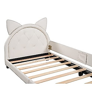 HAUSHECK Twin Size Toddler Montessori Bed with Carton Ears Shaped Headboard, Montessori Bed for for Kids Girls & Boys, Upholstered Bed Frame with Wooden Slats Support, Daybed No Box Spring Needed