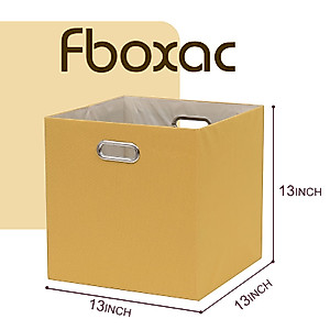 Fboxac Collapsible Organization Basket Fabric Foldable Box with Handles, 13x13 Cube Storage Bins Set of 4, Thick and Heavy Duty Storage Baskets for Shelves Kallax Bedroom Dormitory Toy Clothes, Yellow