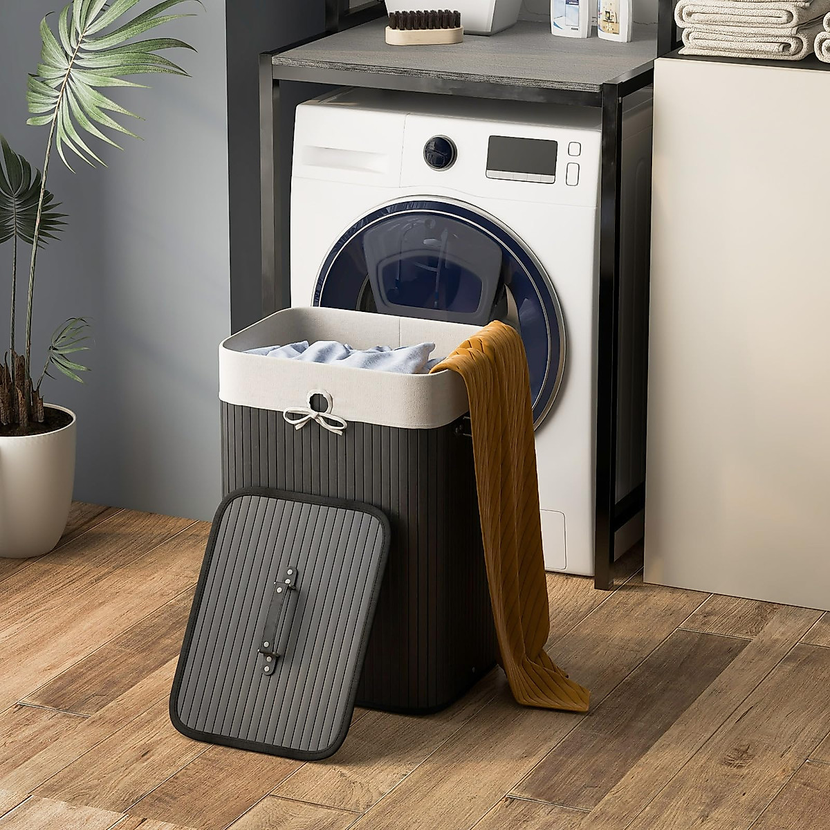 Giantex Bamboo Laundry Hamper with Lid, 72L Large & Tall Clothes Hamper with Removable Liner & Handles, Rectangular Laundry Basket for Small Spaces, Laundry Room, Bedroom (Black)