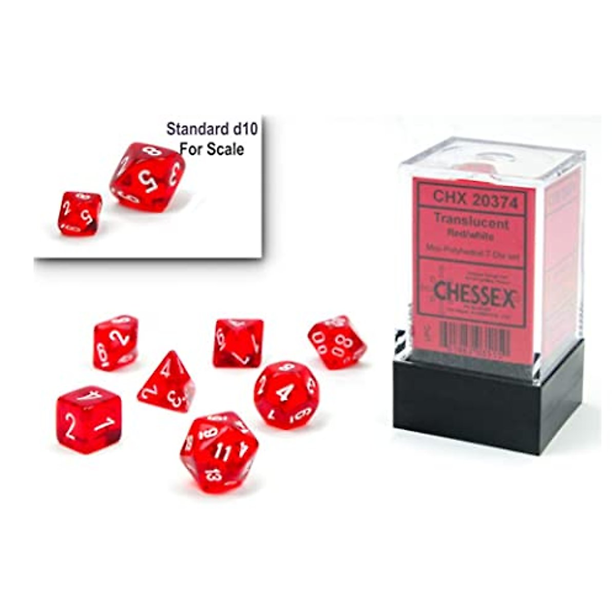 Chessex Dice Set – 10mm Translucent Red/White Plastic Polyhedral Dice Set – Dungeons and Dragons D&D DND TTRPG Dice – Includes 7 Dice - D4 D6 D8 D10 D12 D20 D% (CHX20374)
