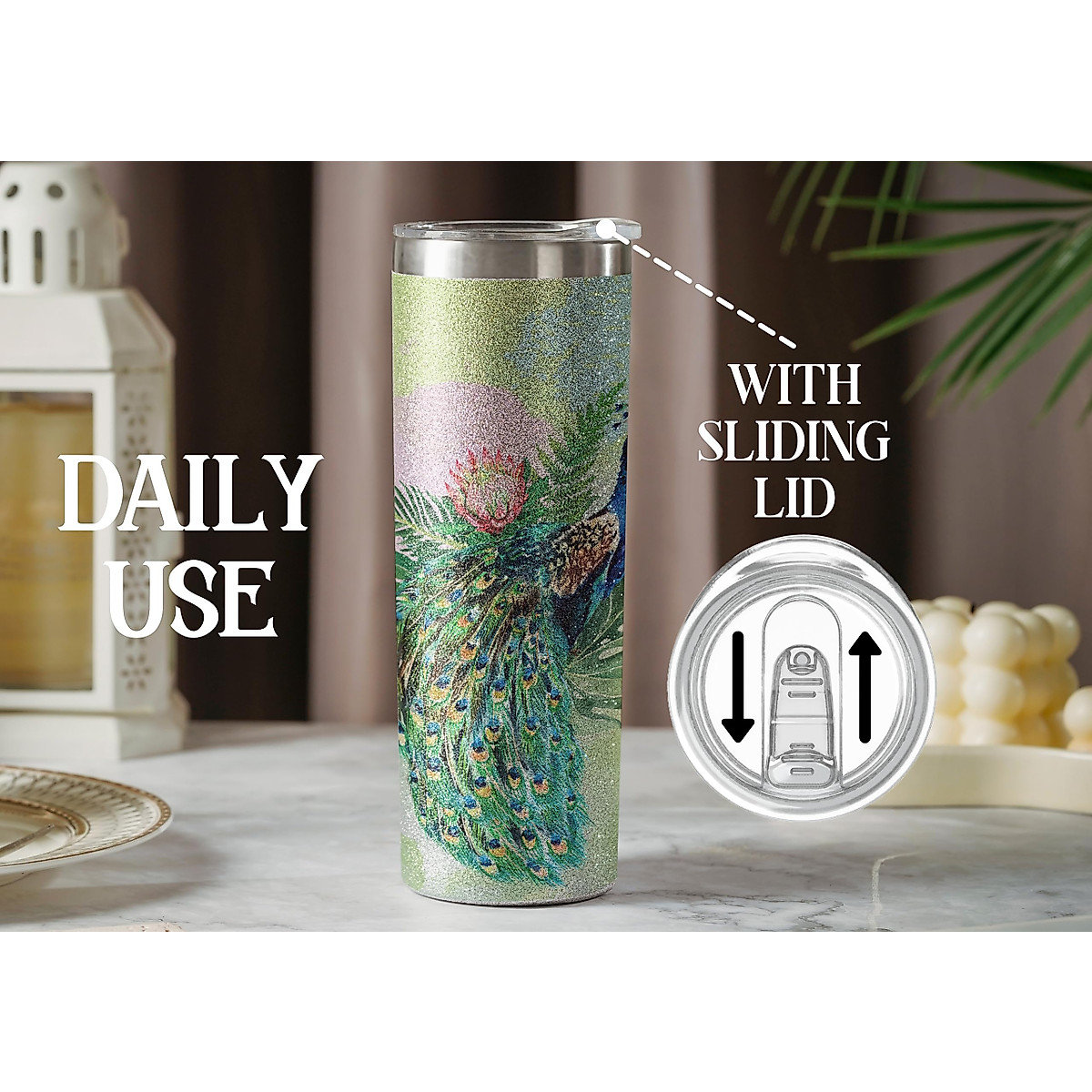 Onebttl Peacock Skinny Glitter Tumbler Gifts For Women, Female and Her - Peacock - 20oz/590ml Stainless Steel Insulated Tumbler with Straw, Lid - Gift for Peacock Lovers - Green