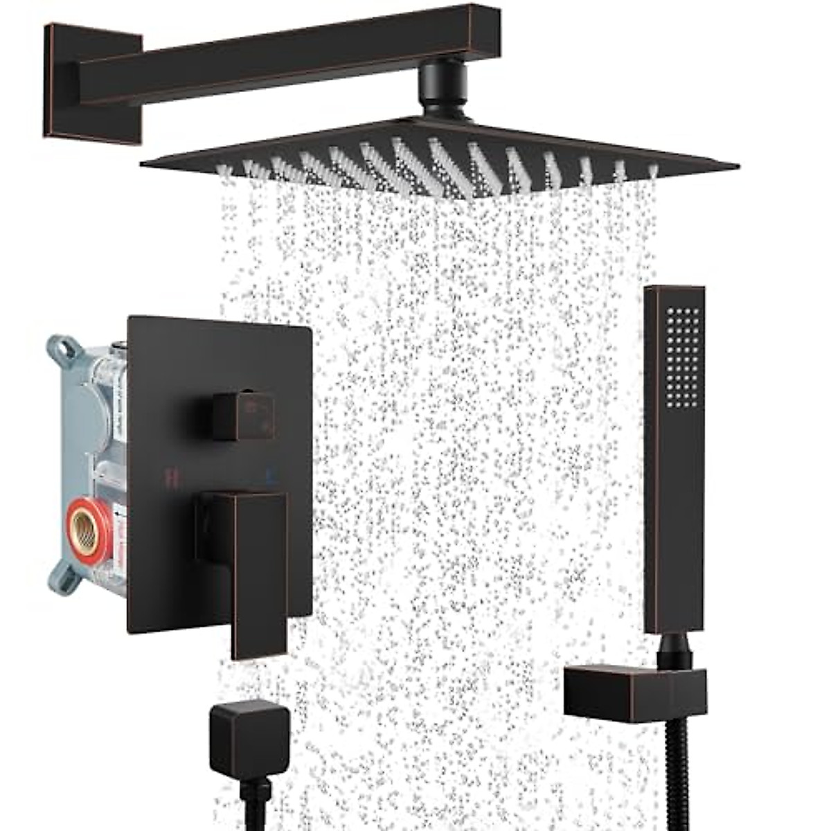 Midanya Oil Rubbed Bronze Bathroom Shower System Wall Mount Shower Faucet Set 10 Inch Square Rainfall Shower Head High Pressure Shower Fixture with Handheld Sprayer Rough-in Valve and Trim Included