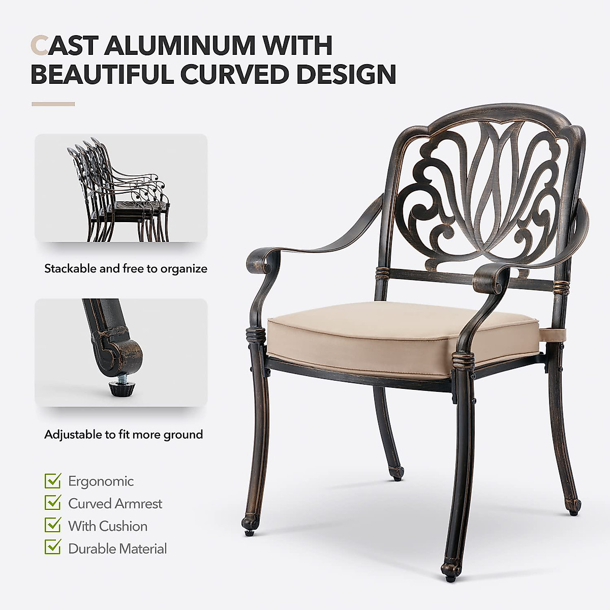 Patio Dining Chairs Set of 2, Elizabeth Outdoor Cast Aluminum Patio Chairs Weather Resistant with Thicker Cushions for Patio Deck Garden…