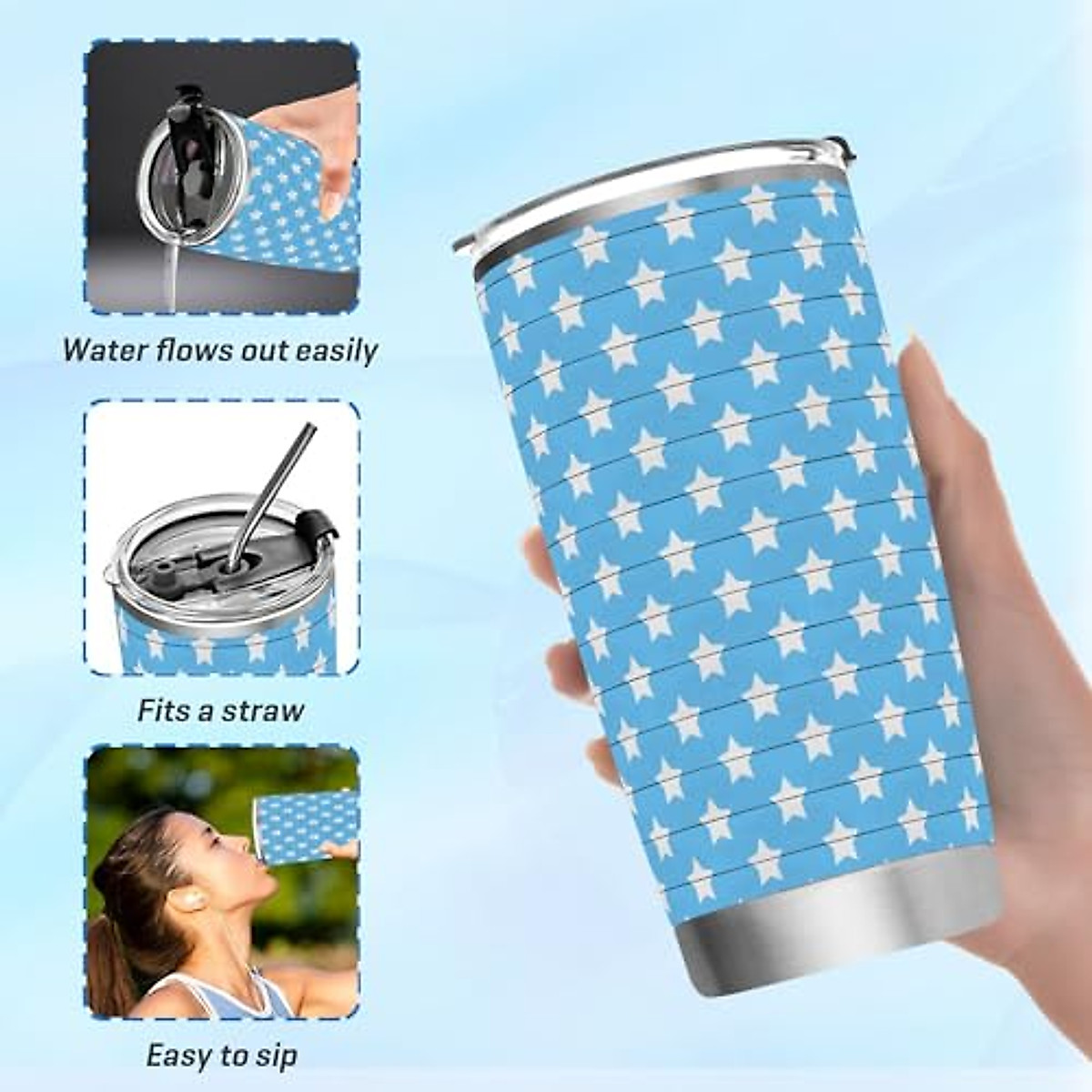 sanluoli Seamless Blue Aesthetics Stars Blue Stainless Steel drinking cups with Straw Leak Resistant Flip coffee travel mug 20oz for café Aesthetic insulated tumbler 20 OZ