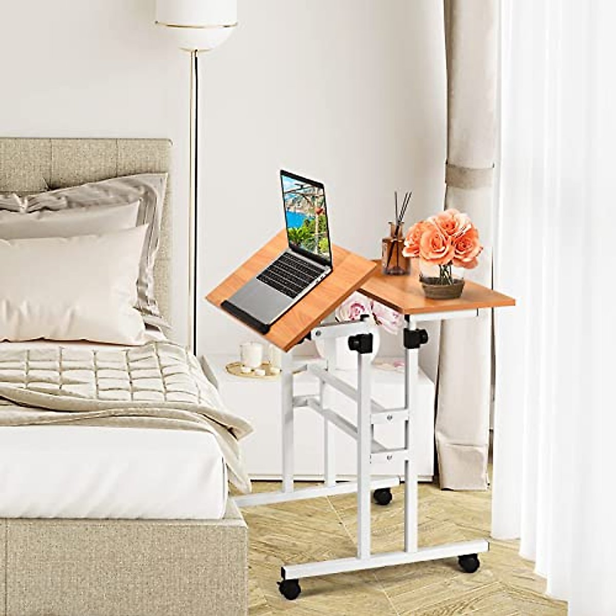 COSTWAY Mobile Standing Desk, Height Adjustable Rolling Laptop Cart w/Tilting Desktop for Standing or Sitting, Lockable Casters, Home Office Computer Workstation for Small Spaces (Walnut)