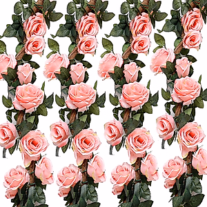 FENGRUIL Artificial Flower Vines,4 Pcs Fake Flowers Garlands Hanging Large Rose Vine Ivy Silk Hanging Flower for Home Garden Outdoor Ceremony Wedding Arch Floral Decor (Pink)
